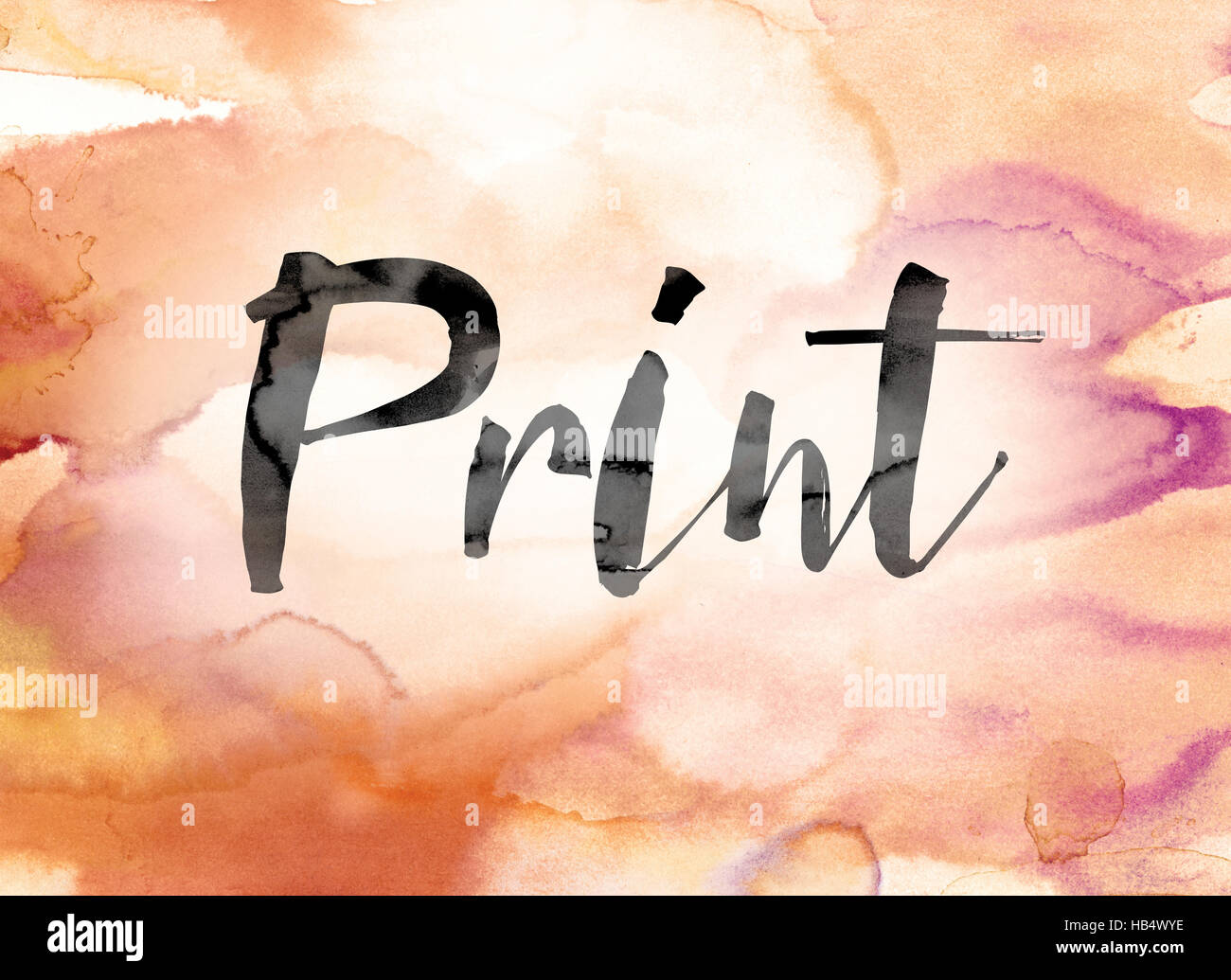 The word "Print" painted in black ink over a colorful watercolor washed ...