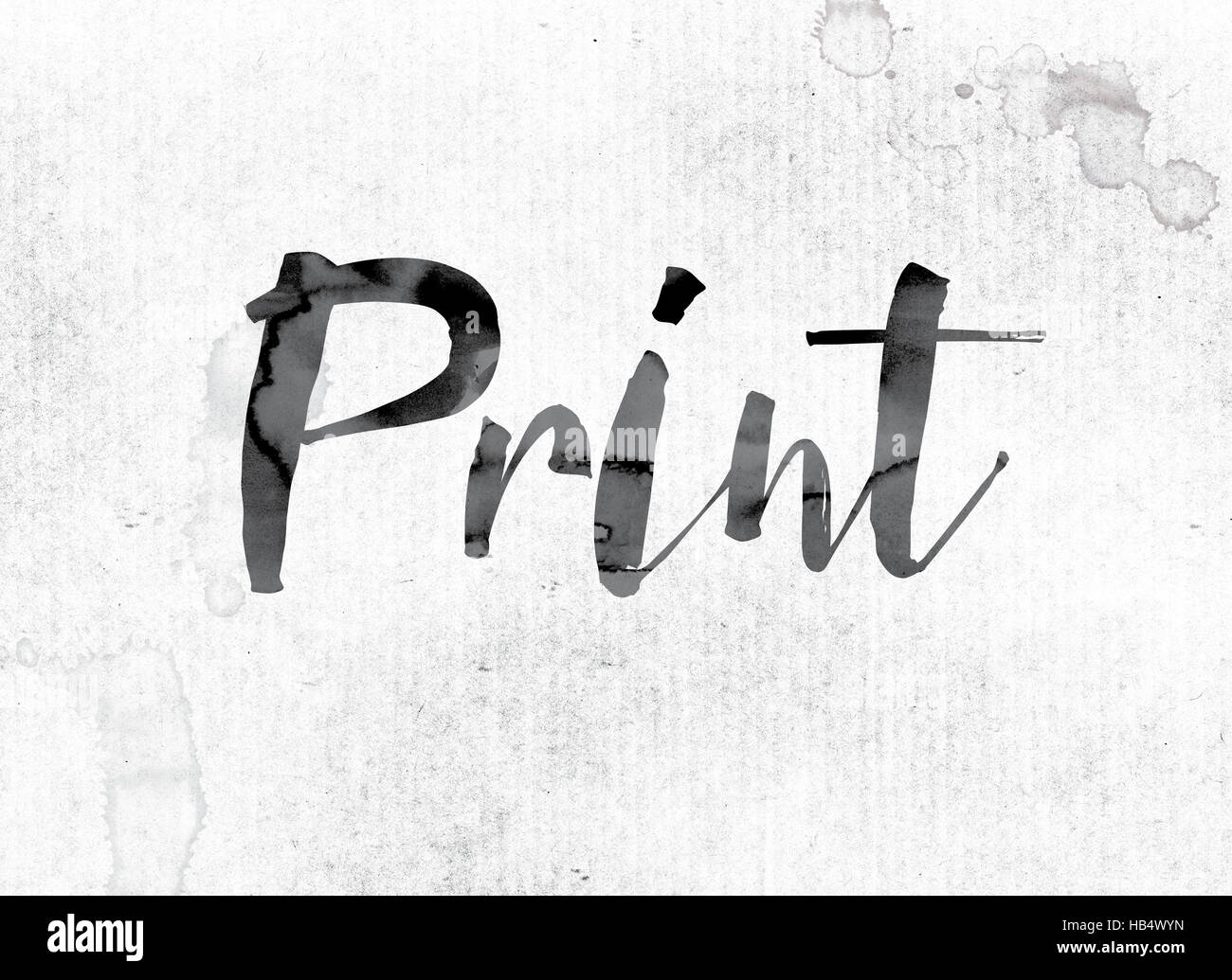 The word "Print" concept and theme painted in watercolor ink on a white ...