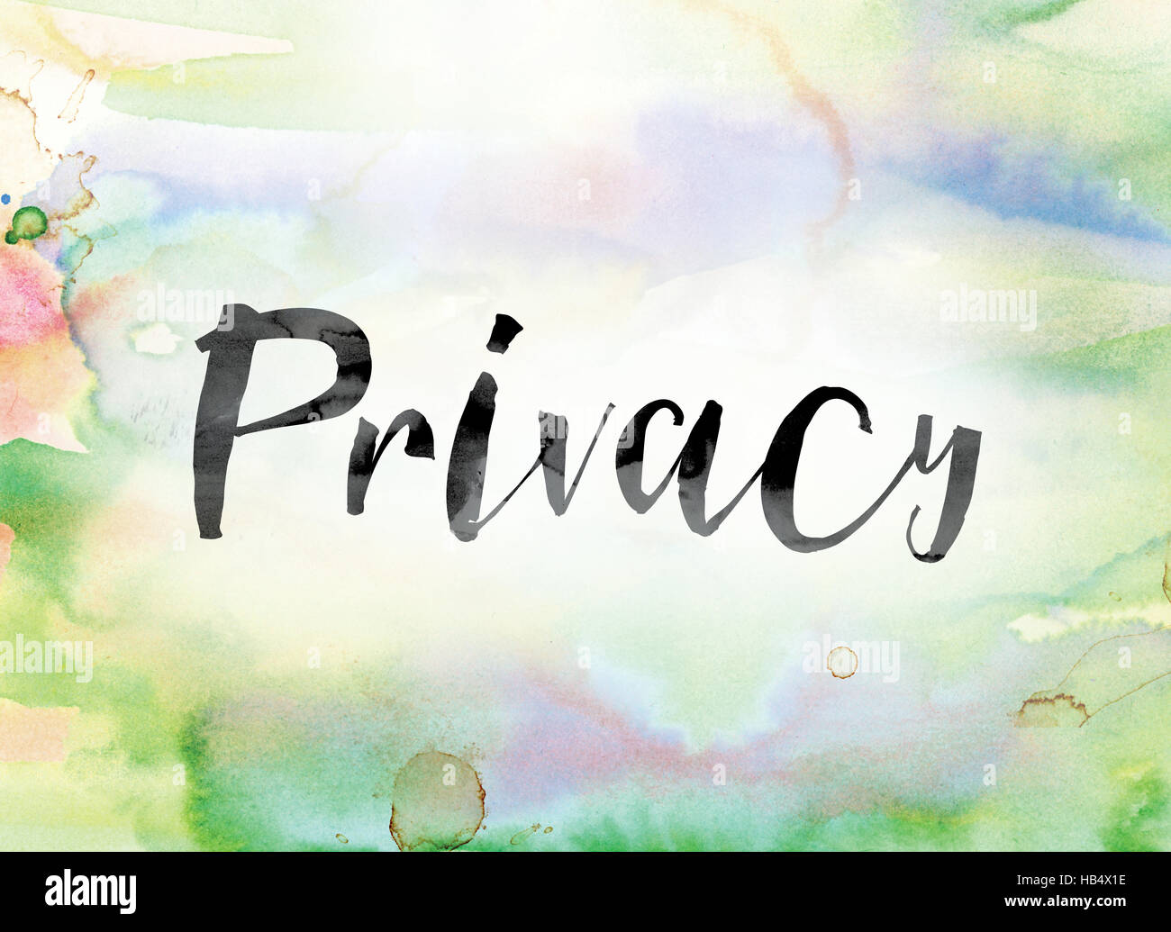 The word "Privacy" painted in black ink over a colorful watercolor ...