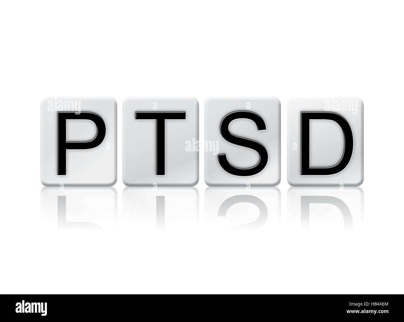 The word "PTSD" written in tile letters isolated on a white background ...