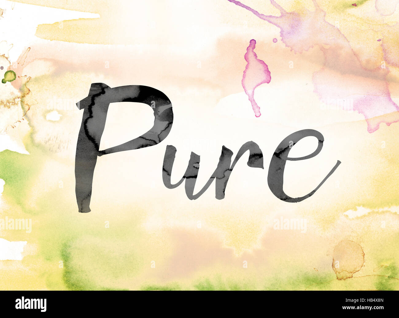 The word "Pure" painted in black ink over a colorful watercolor washed ...