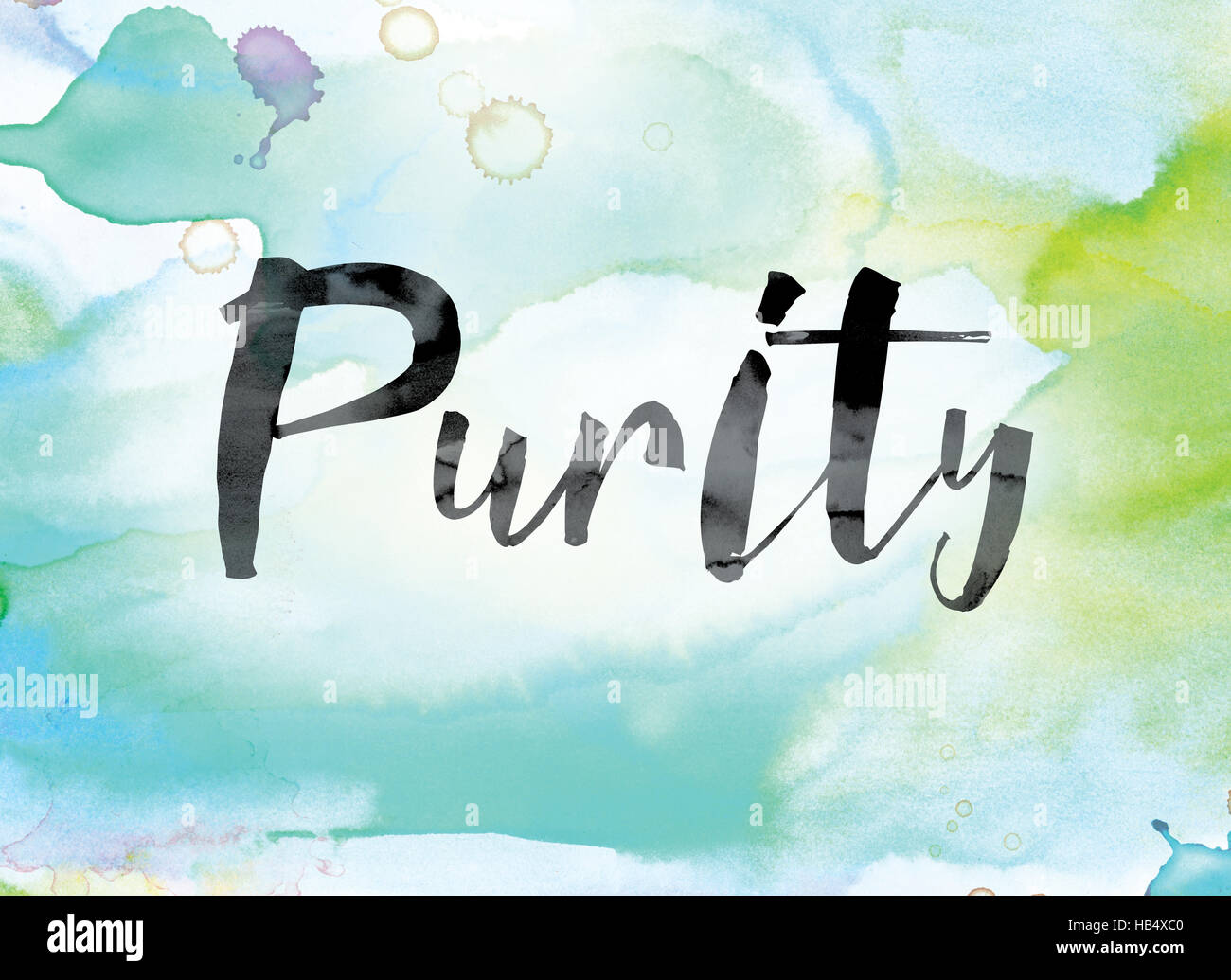 The word "Purity" painted in black ink over a colorful watercolor ...