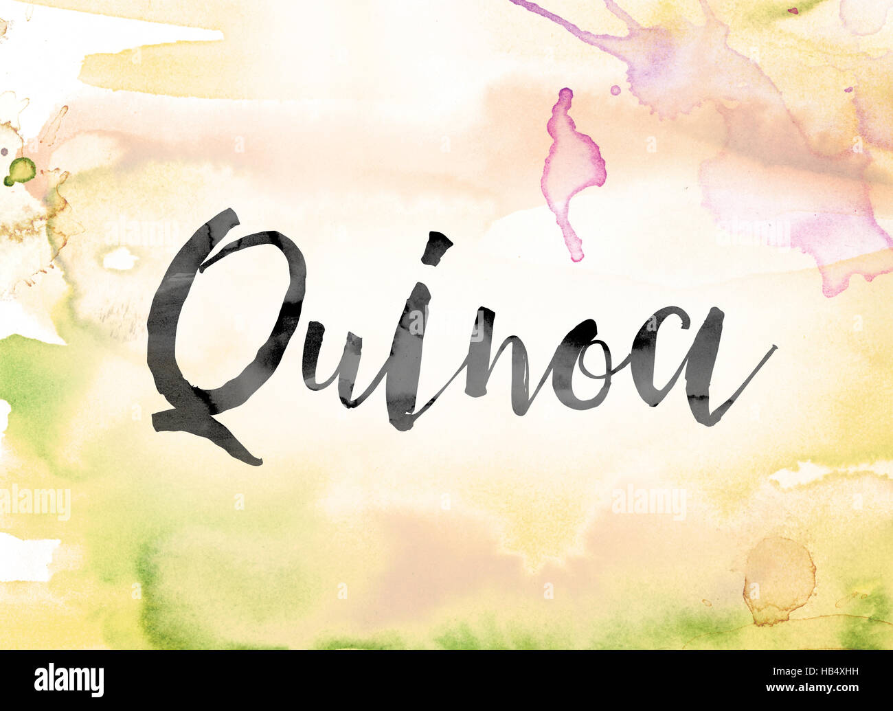 The word "Quinoa" painted in black ink over a colorful watercolor ...