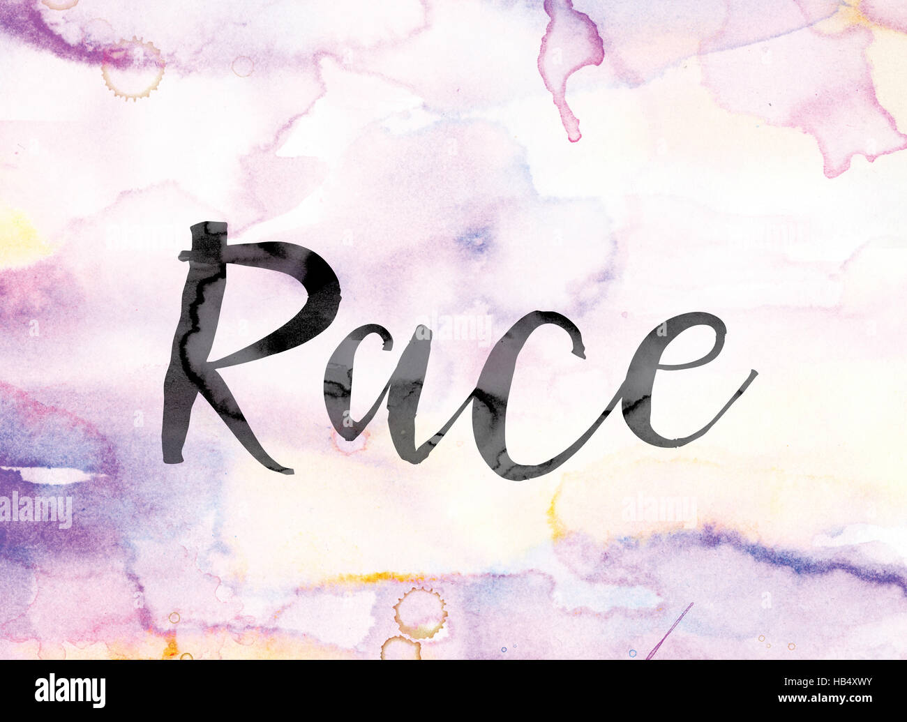 The word "Race" painted in black ink over a colorful watercolor washed ...