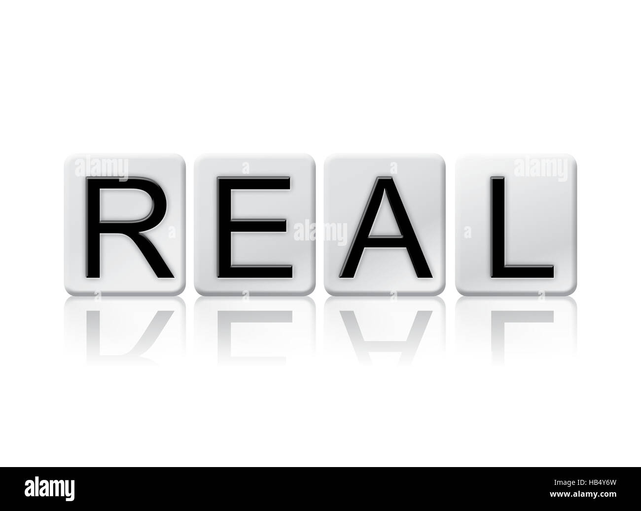 The word "Real" written in tile letters isolated on a white background ...