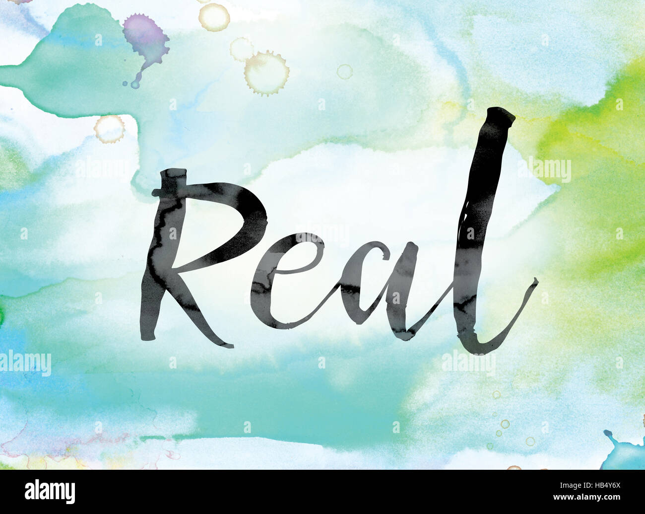 The word "Real" painted in black ink over a colorful watercolor washed ...