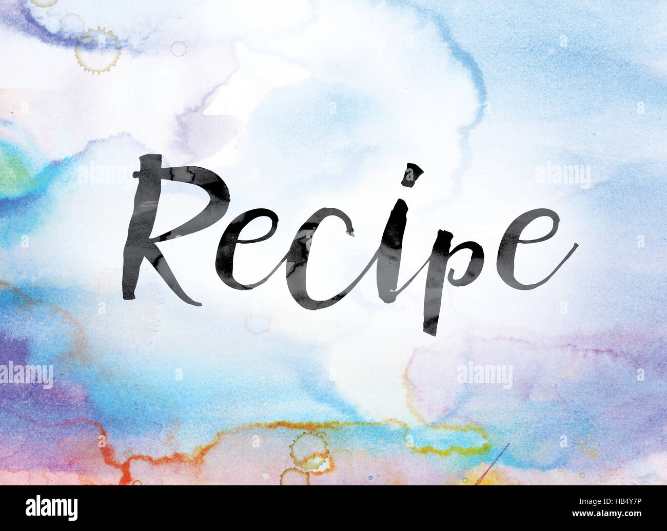 The word "Recipe" painted in black ink over a colorful watercolor ...