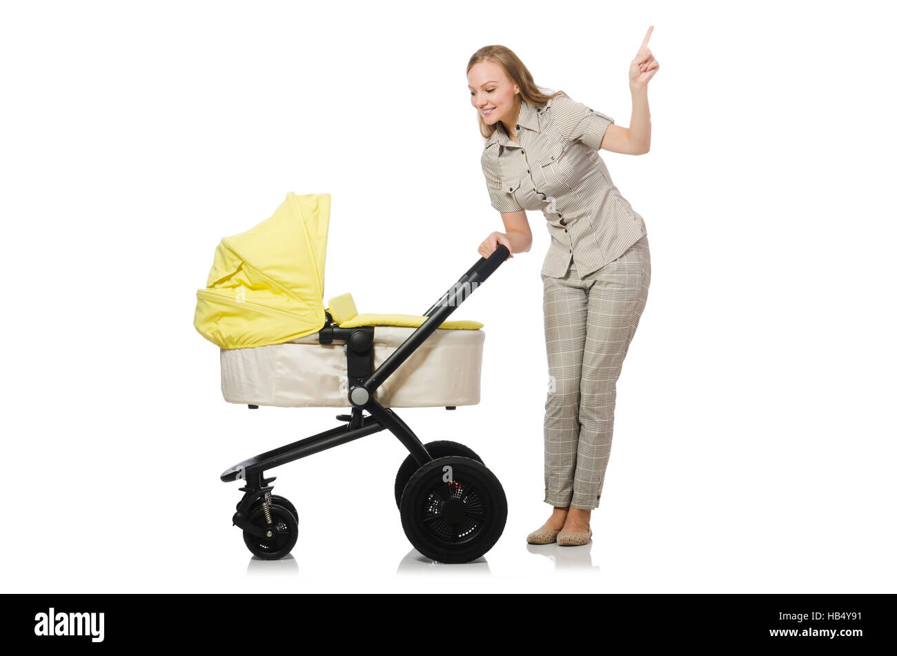 Woman with baby and pram isolated on white Stock Photo - Alamy