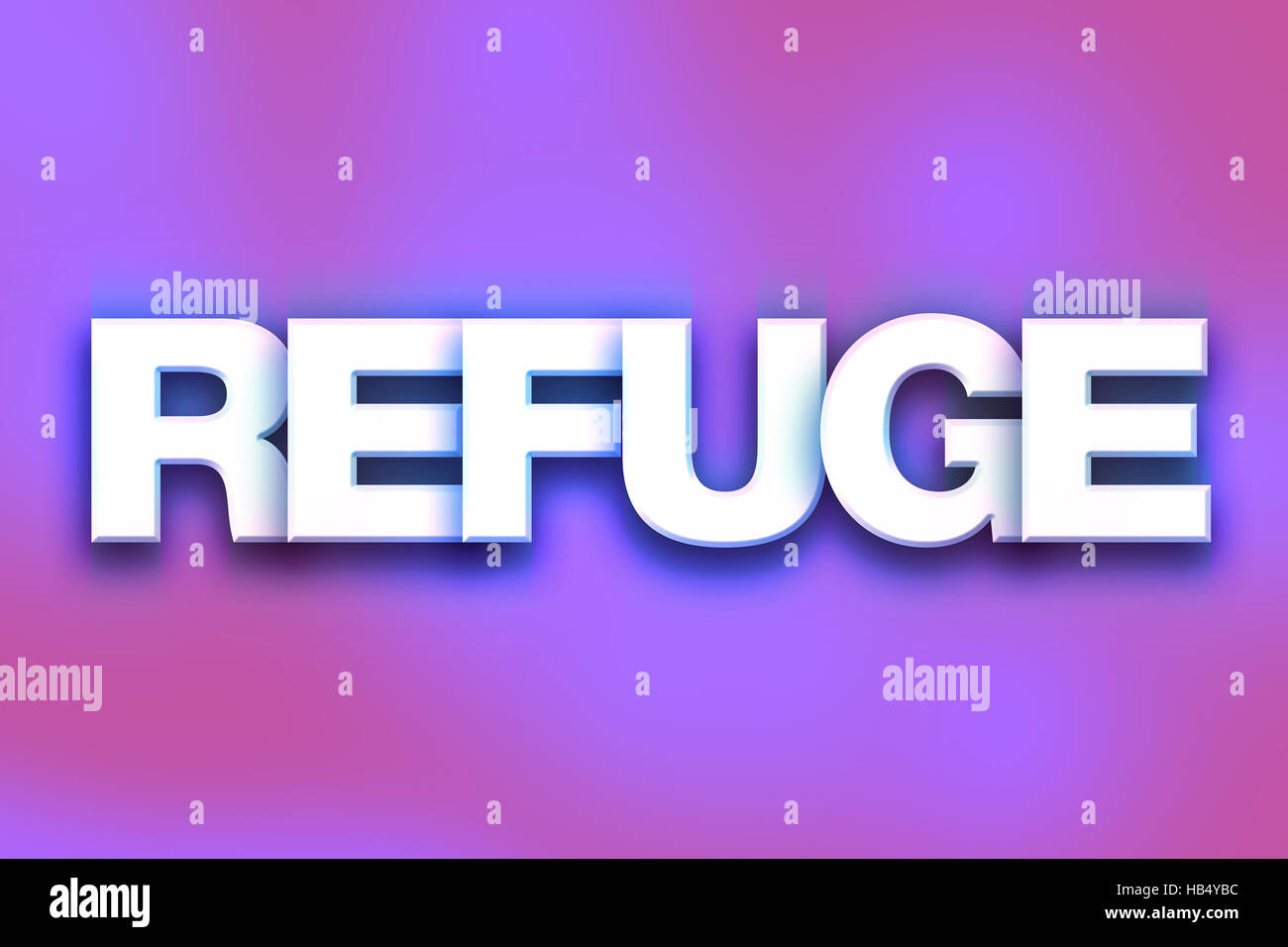 The word "Refuge" written in white 3D letters on a colorful background ...
