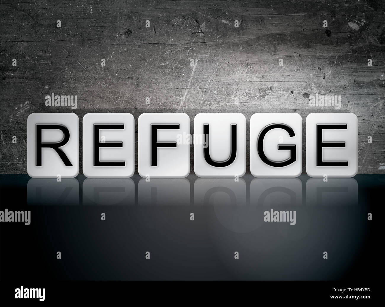 The word "Refuge" written in white tiles against a dark vintage grunge ...