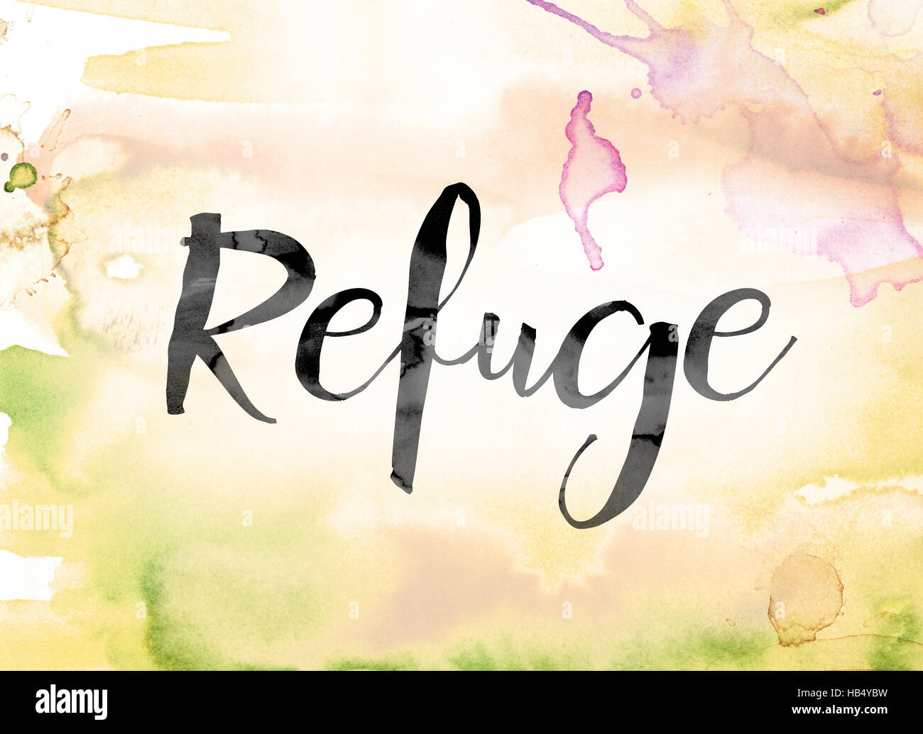 The word "Refuge" painted in black ink over a colorful watercolor ...