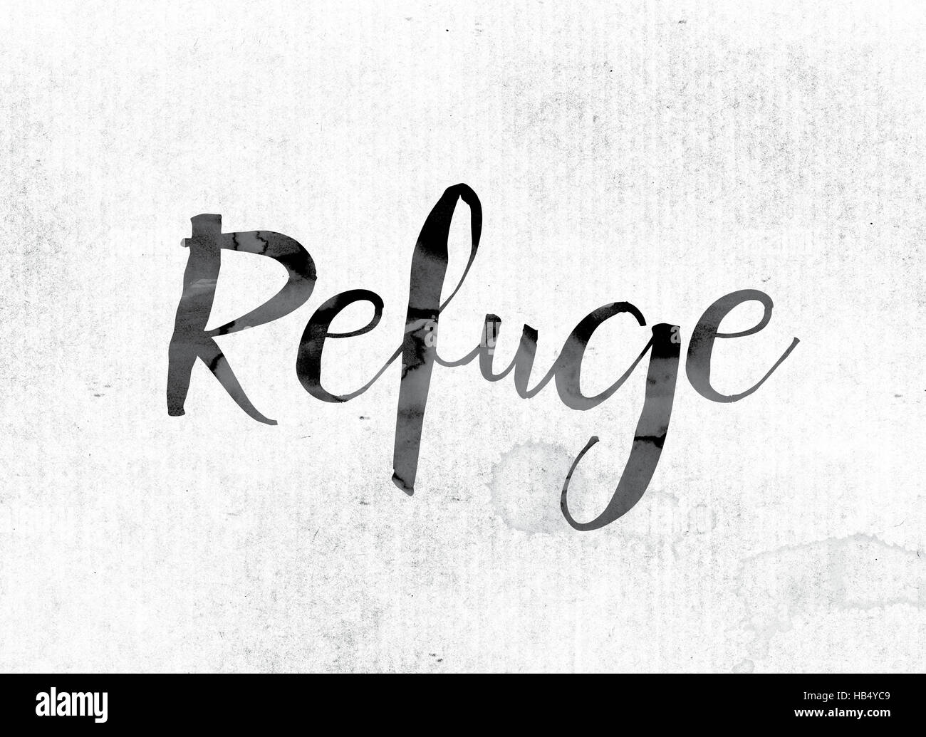 The word "Refuge" concept and theme painted in watercolor ink on a ...