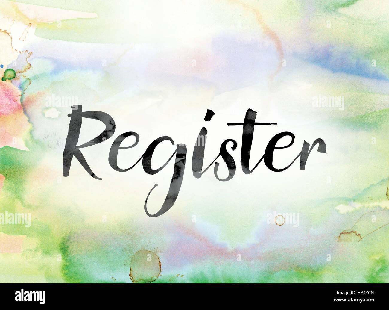 The word "Register" painted in black ink over a colorful watercolor ...