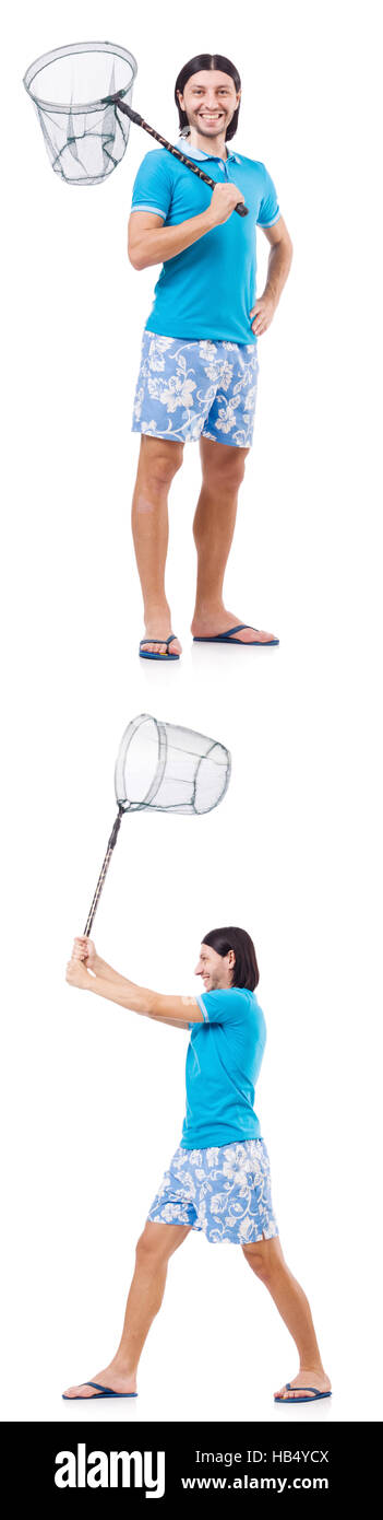 Man with big catching net isolated on white Stock Photo - Alamy