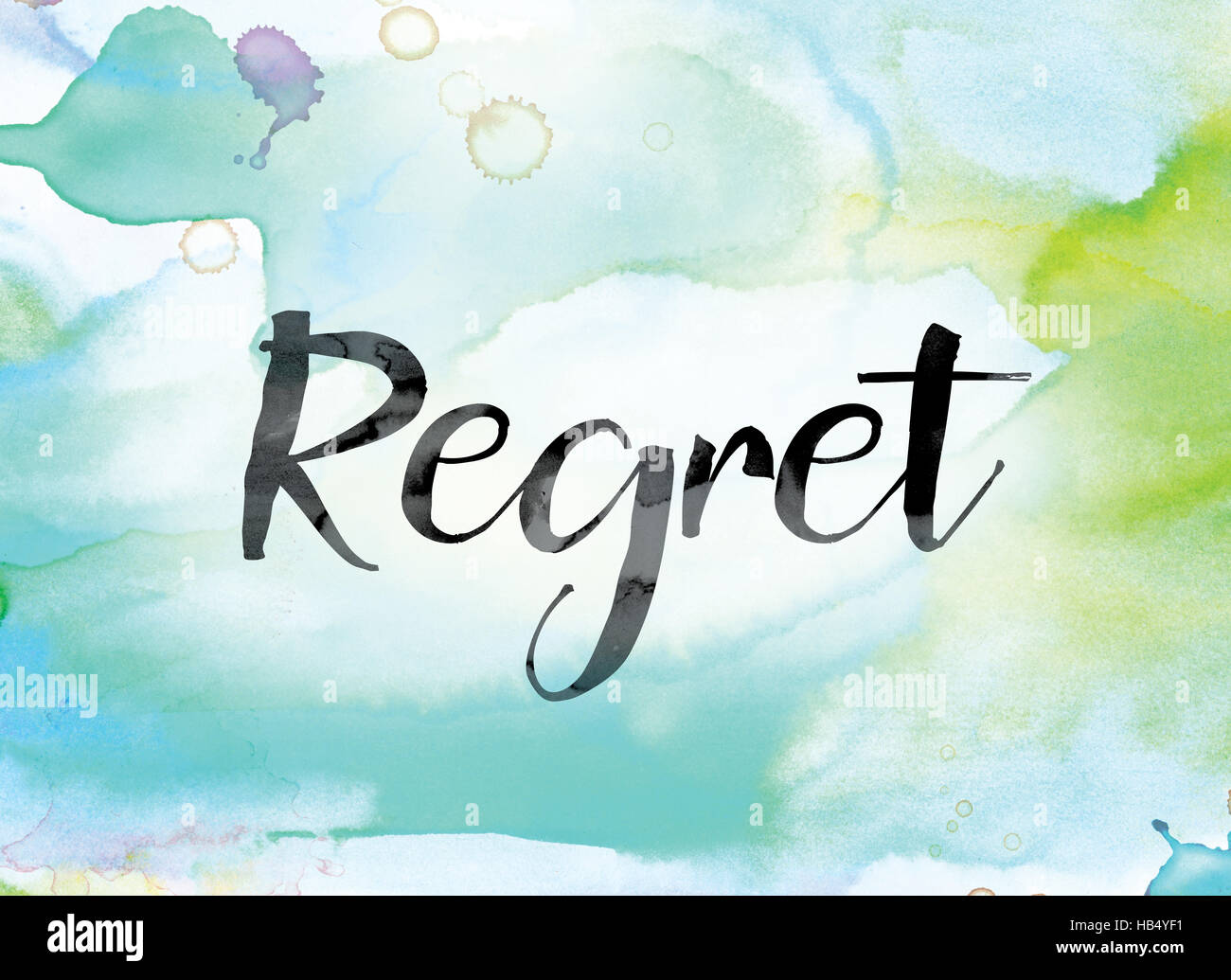 The word "Regret" painted in black ink over a colorful watercolor ...