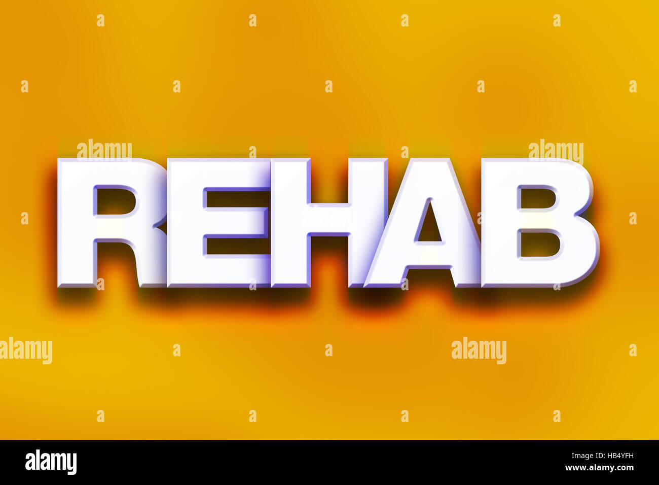 The word "Rehab" written in white 3D letters on a colorful background ...