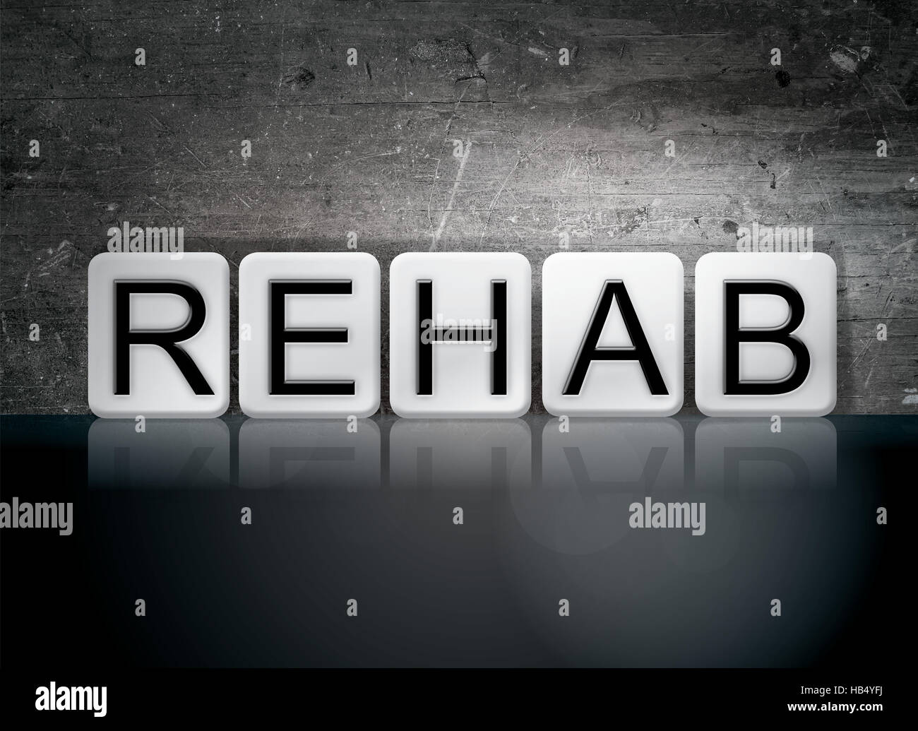 The word "Rehab" written in white tiles against a dark vintage grunge ...