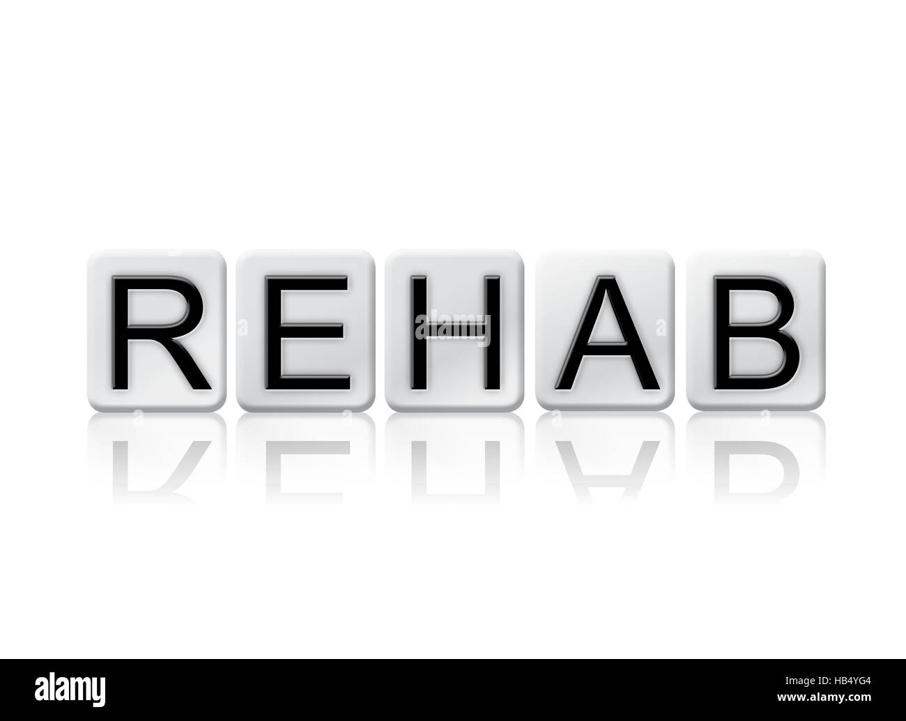 The word "Rehab" written in tile letters isolated on a white background ...