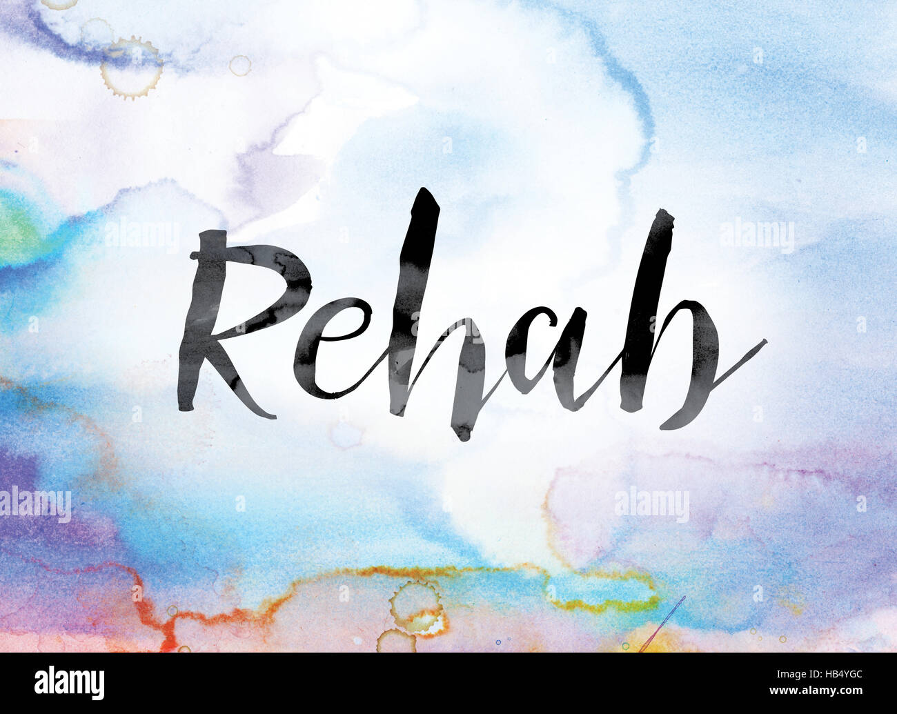 The word "Rehab" painted in black ink over a colorful watercolor washed ...