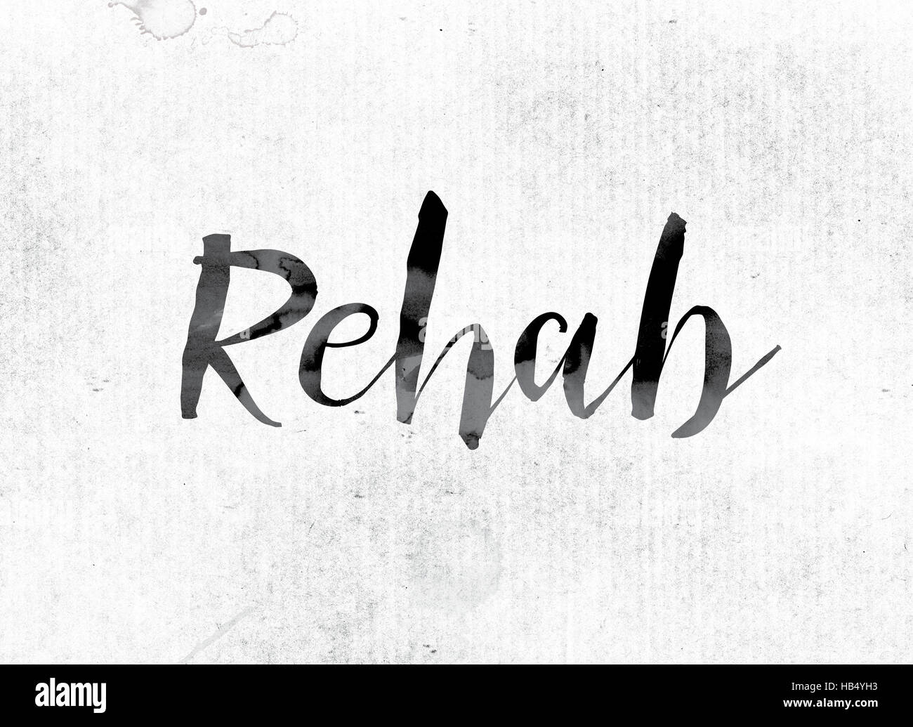 The word "Rehab" concept and theme painted in watercolor ink on a white ...