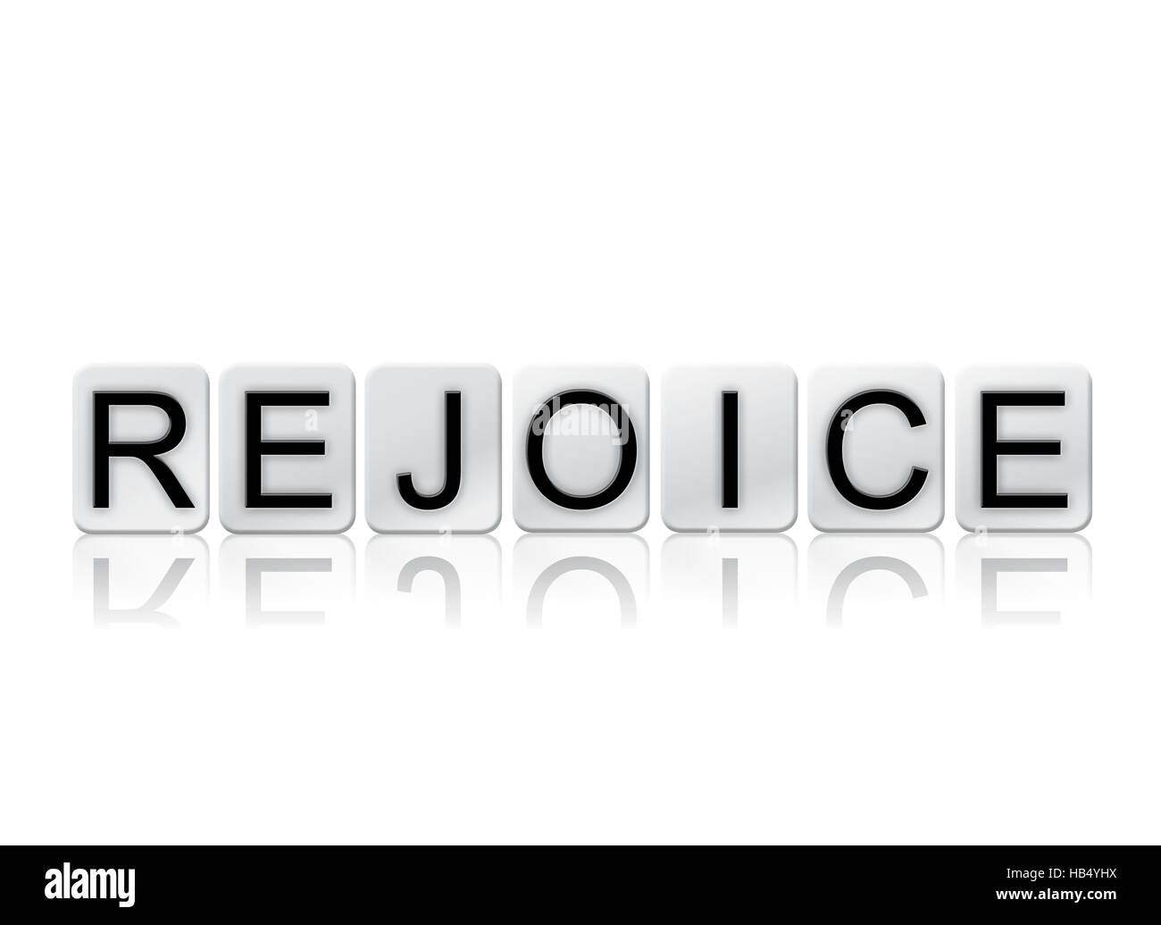 The word "Rejoice " written in tile letters isolated on a white ...