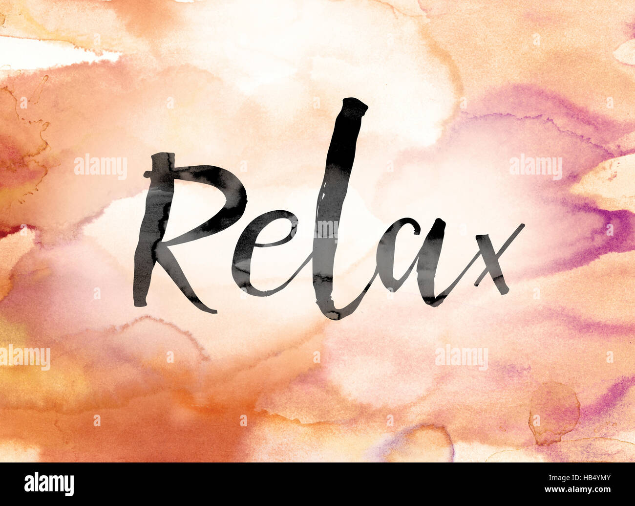 The word "Relax" painted in black ink over a colorful watercolor washed ...
