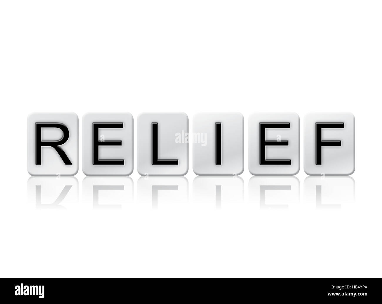 The word "Relief" written in tile letters isolated on a white ...
