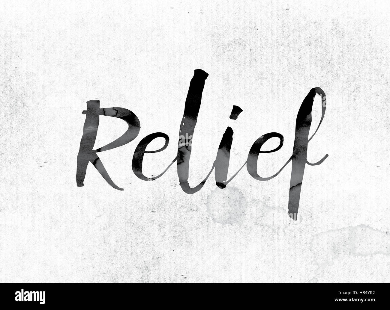 The word "Relief" concept and theme painted in watercolor ink on a ...