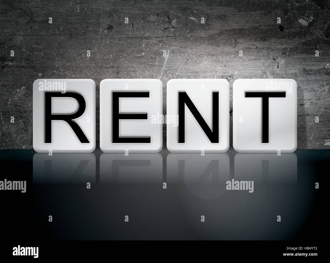 The word "Rent" written in white tiles against a dark vintage grunge ...