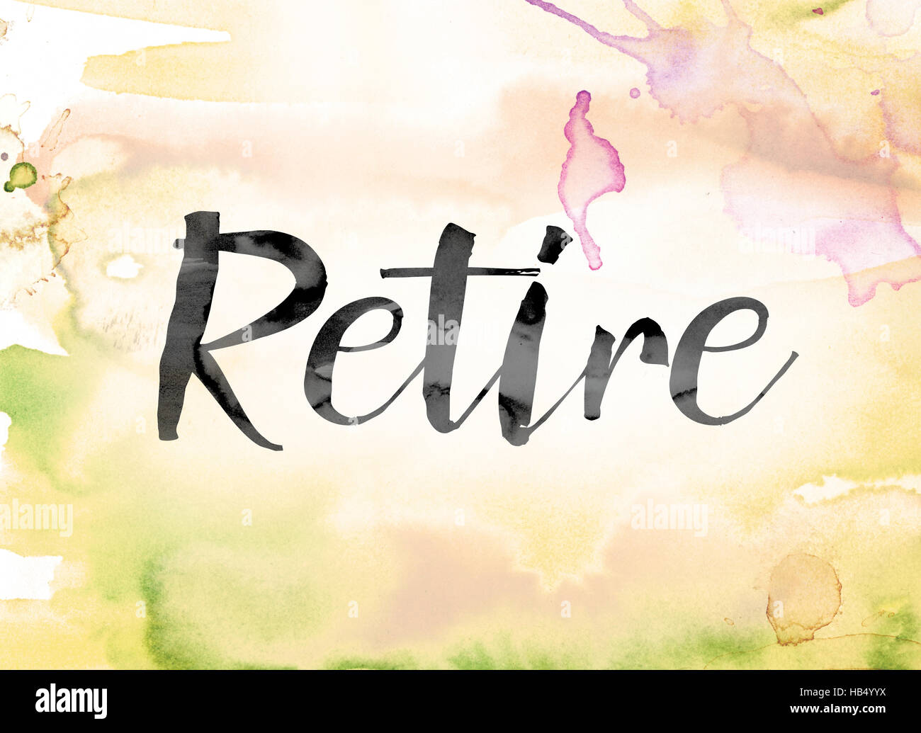 The word "Retire" painted in black ink over a colorful watercolor ...
