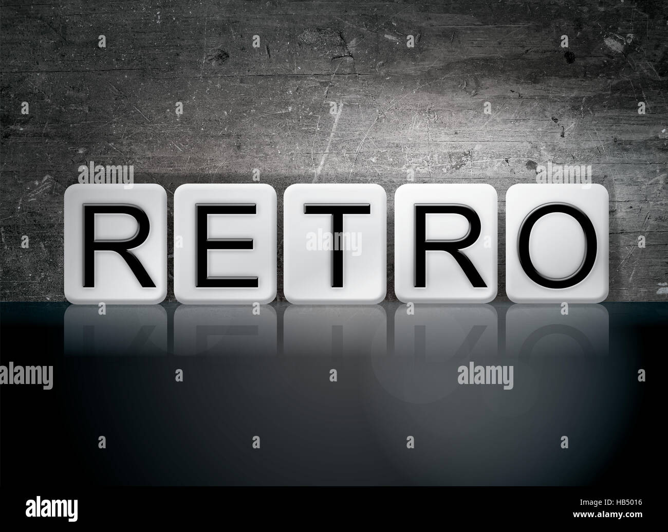 The word "Retro" written in white tiles against a dark vintage grunge ...