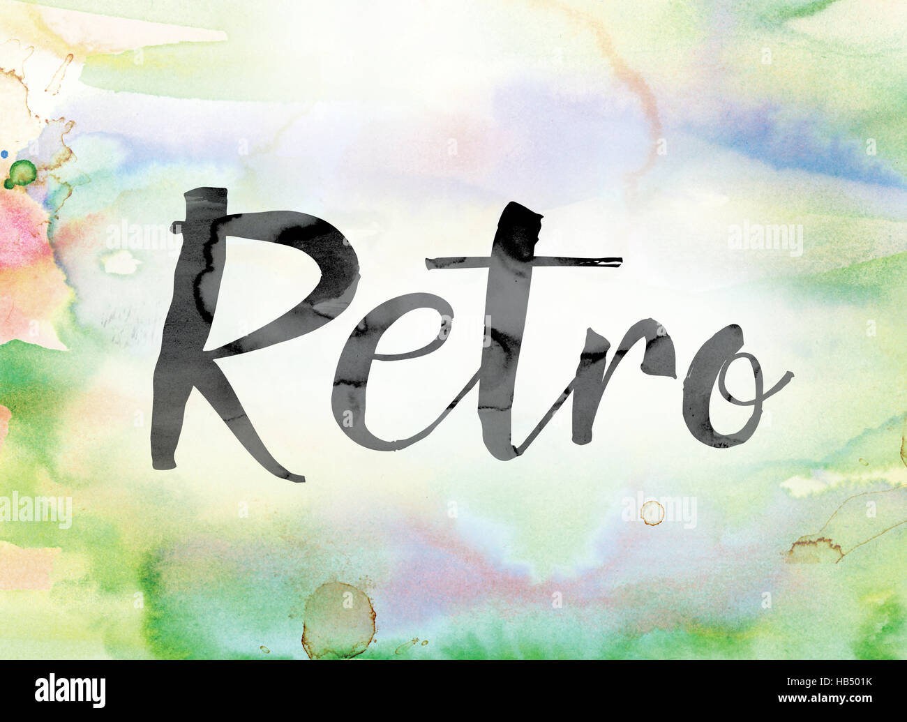 The word "Retro" painted in black ink over a colorful watercolor washed ...
