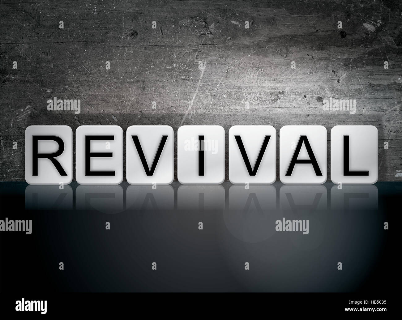 The word "Revival" written in white tiles against a dark vintage grunge ...