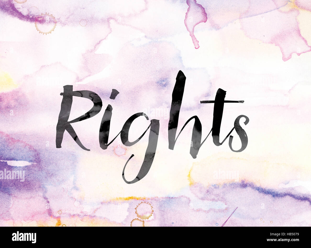The word "Rights" painted in black ink over a colorful watercolor ...