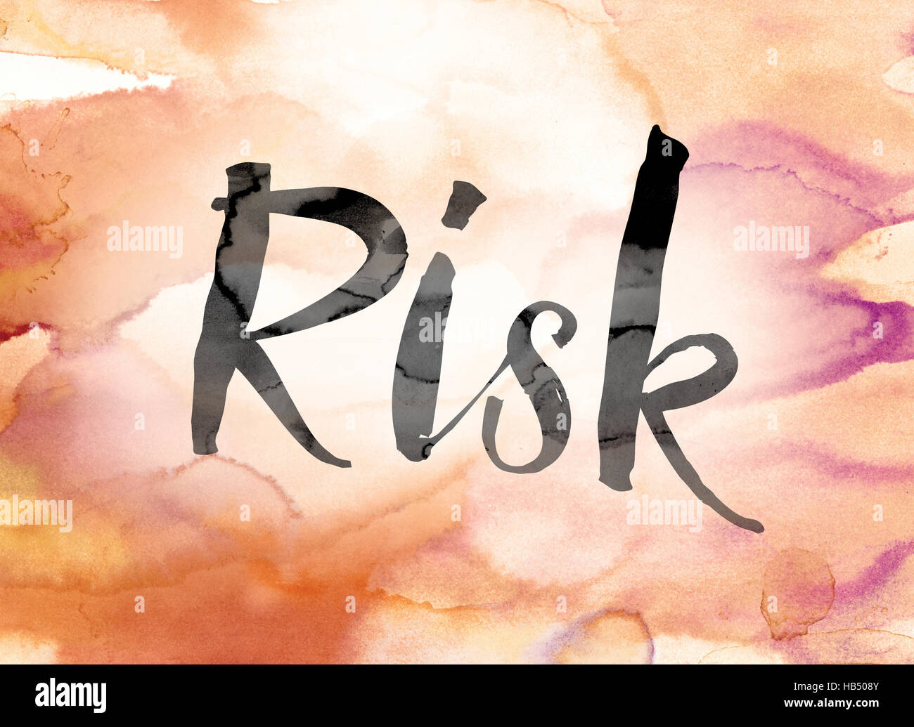 The word "Risk" painted in black ink over a colorful watercolor washed ...