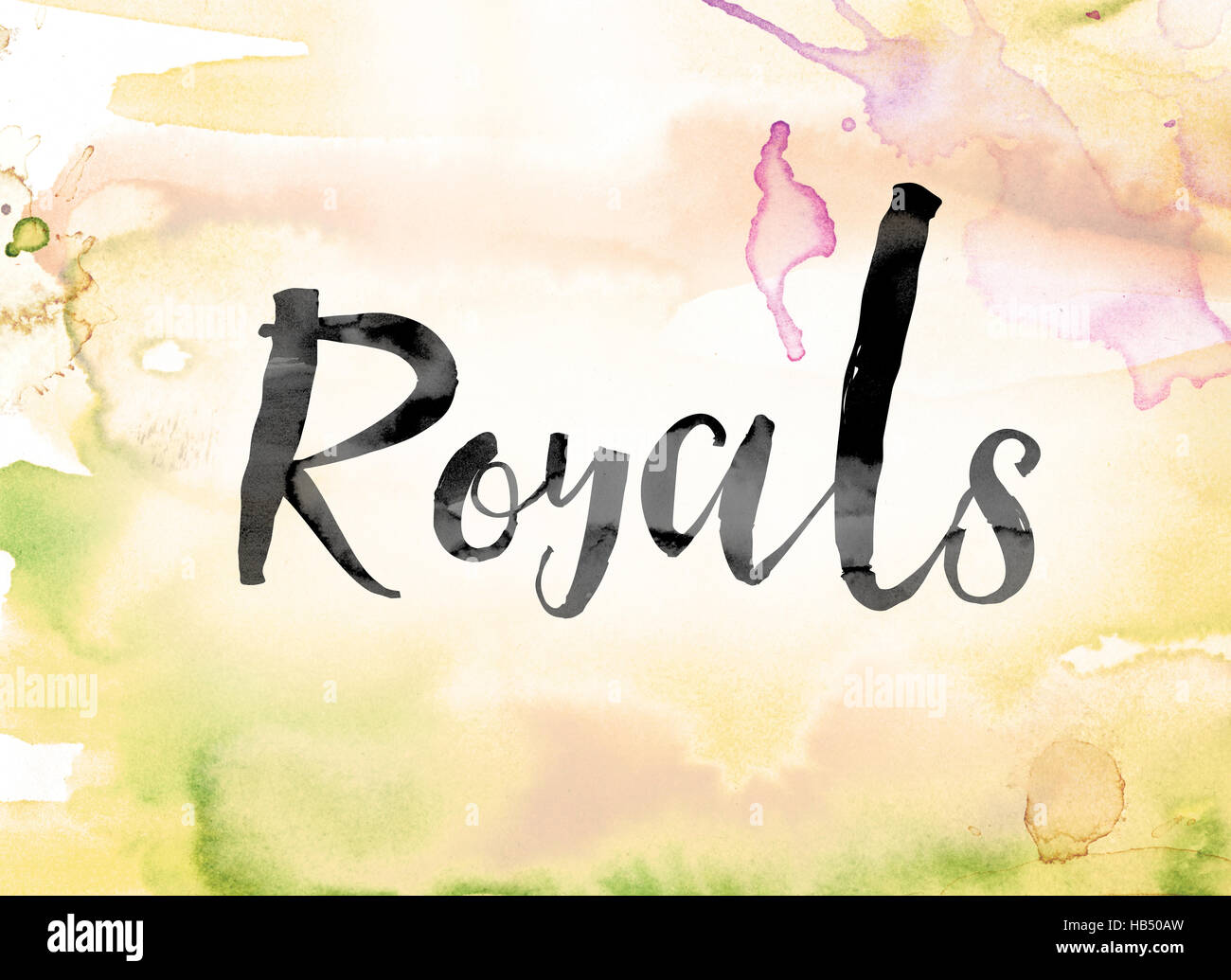 The word "Royals" painted in black ink over a colorful watercolor ...