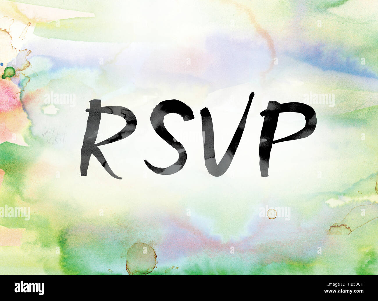 The word "RSVP" painted in black ink over a colorful watercolor washed ...
