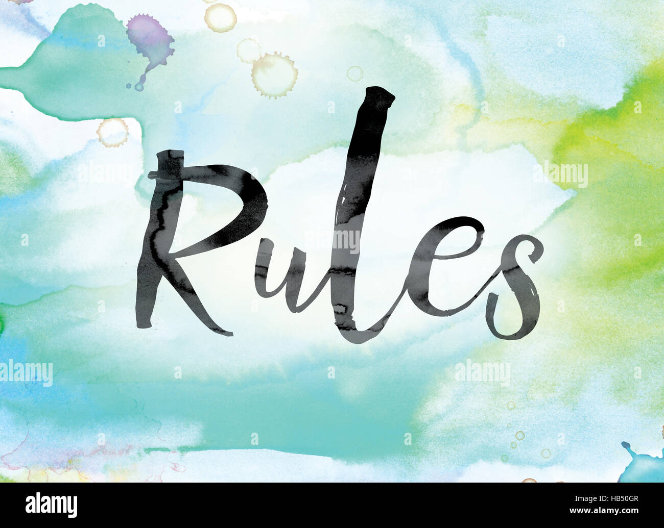 The word "Rules" painted in black ink over a colorful watercolor washed ...