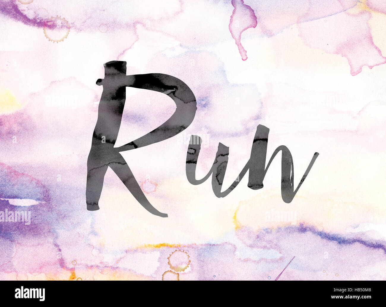 The word "Run" painted in black ink over a colorful watercolor washed ...