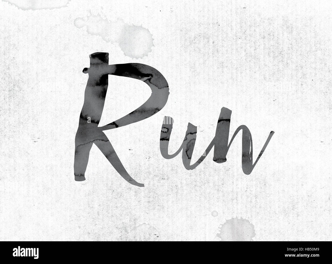 The word "Run" concept and theme painted in watercolor ink on a white ...