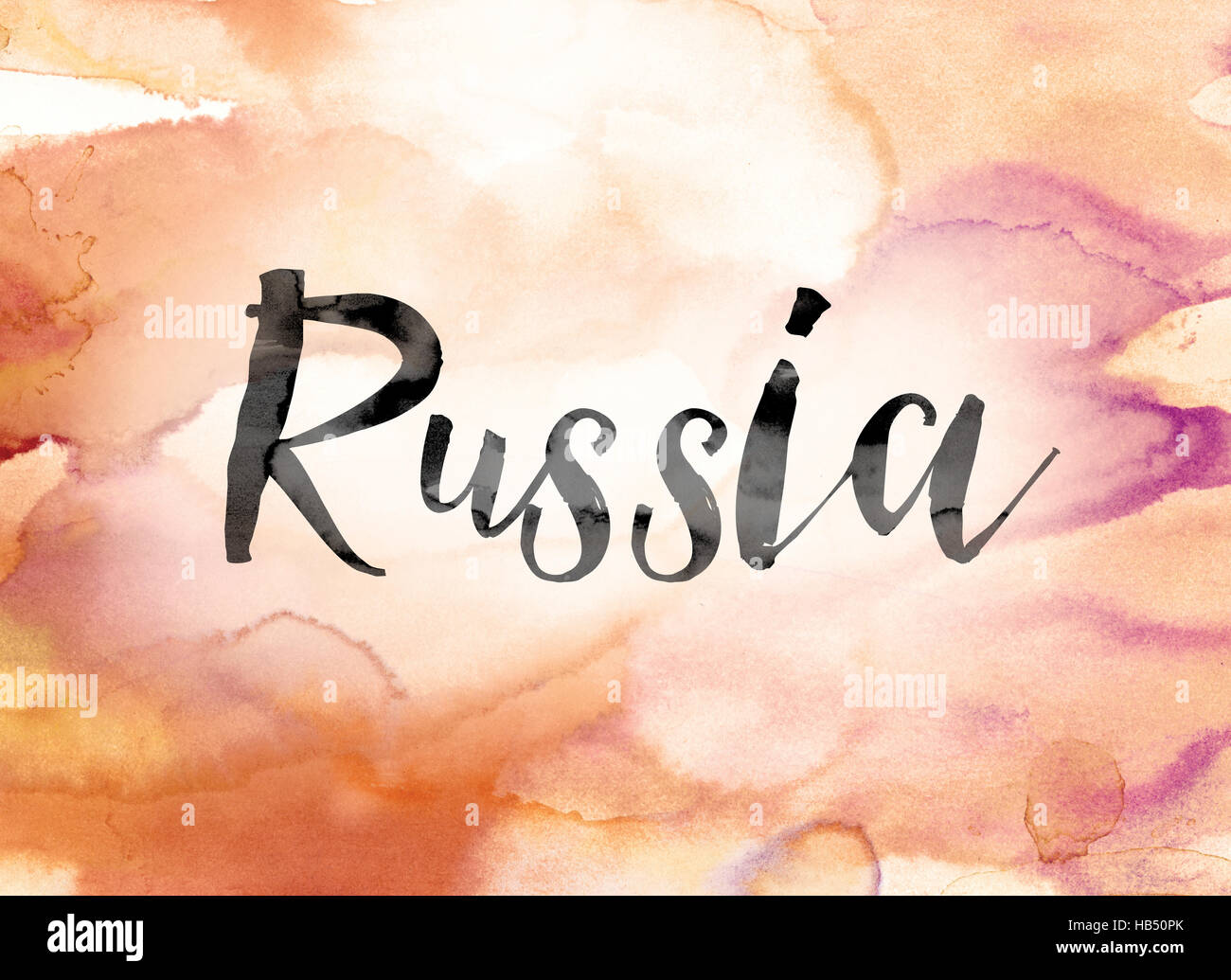 The word "Russia" painted in black ink over a colorful watercolor ...