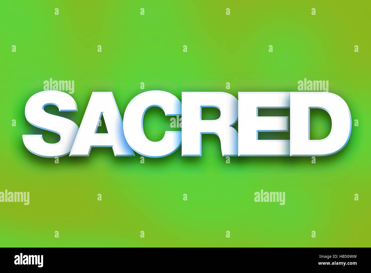 The word "Sacred" written in white 3D letters on a colorful background ...