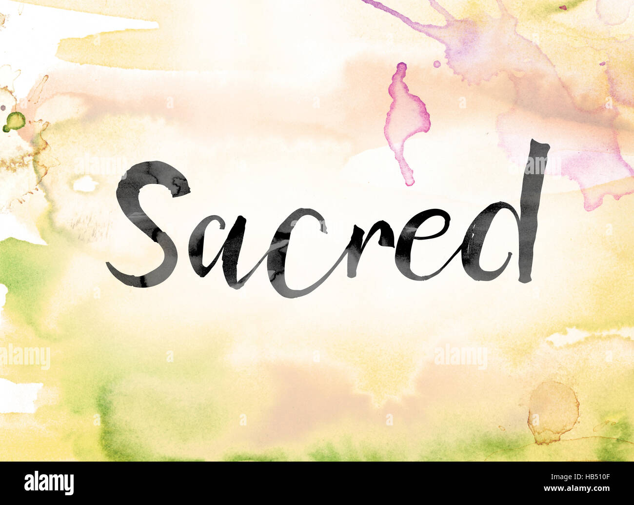 The word "Sacred" painted in black ink over a colorful watercolor ...