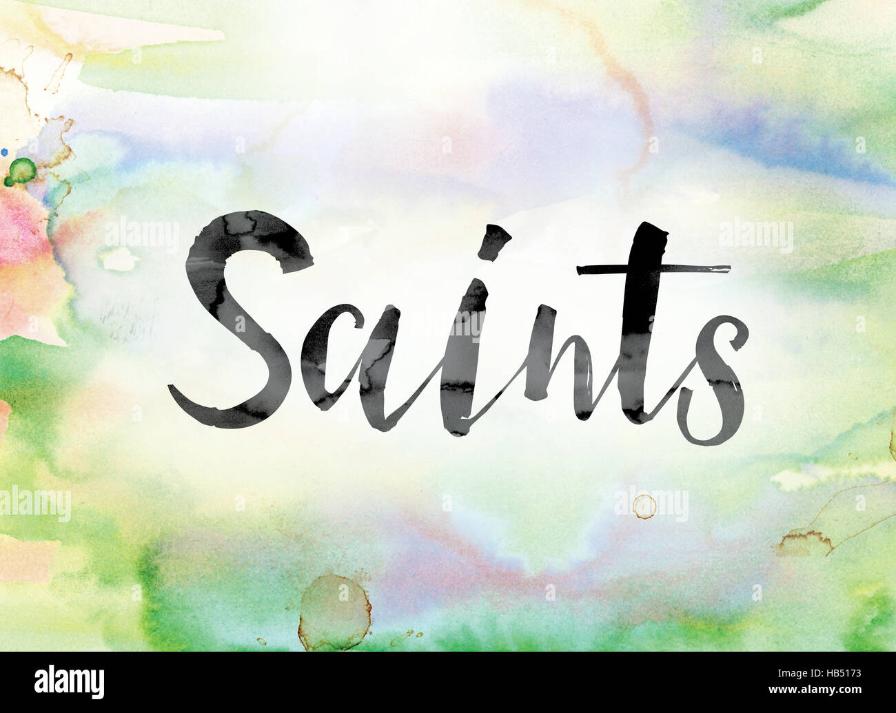 The word "Saints" painted in black ink over a colorful watercolor ...