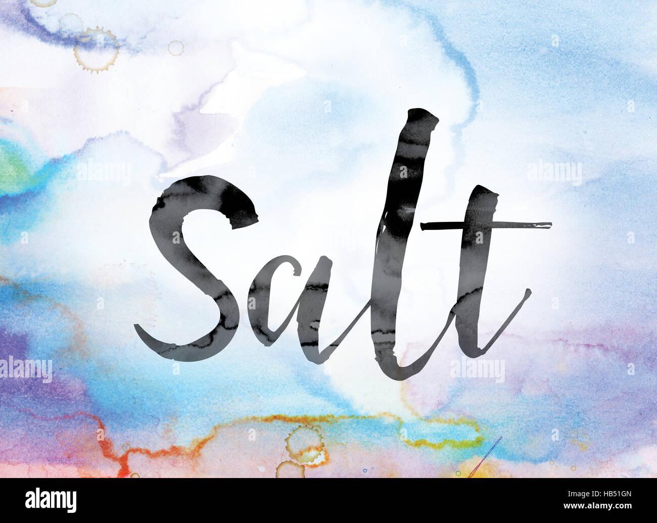 The word "Salt" painted in black ink over a colorful watercolor washed ...