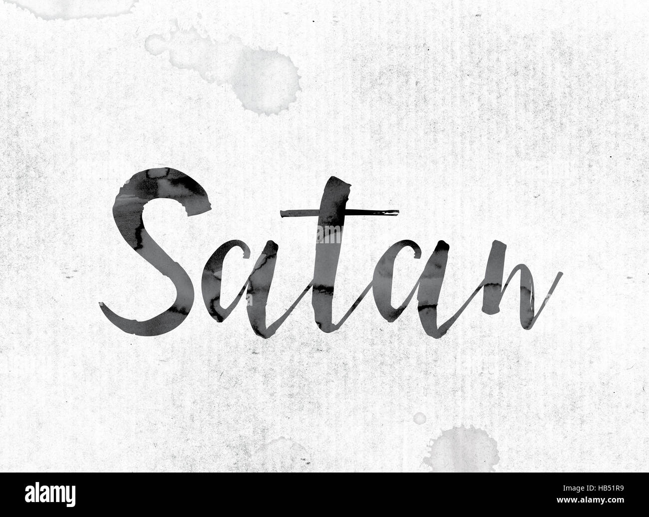 The word "Satan" concept and theme painted in watercolor ink on a white ...