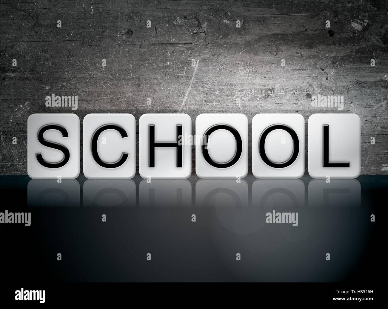The word "School" written in white tiles against a dark vintage grunge ...