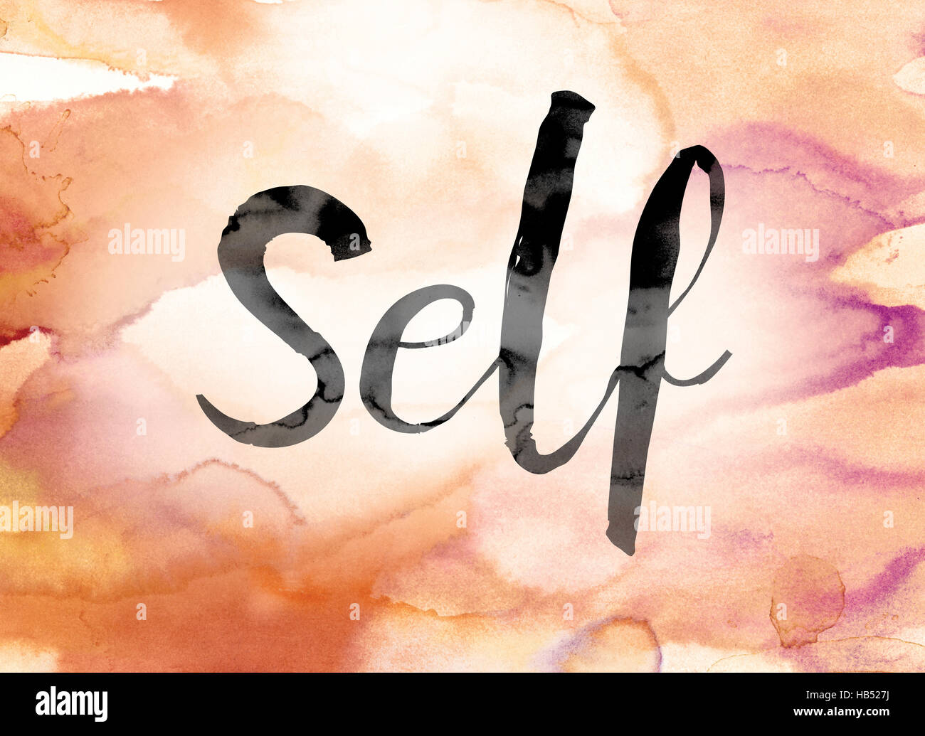 The word "Self" painted in black ink over a colorful watercolor washed ...