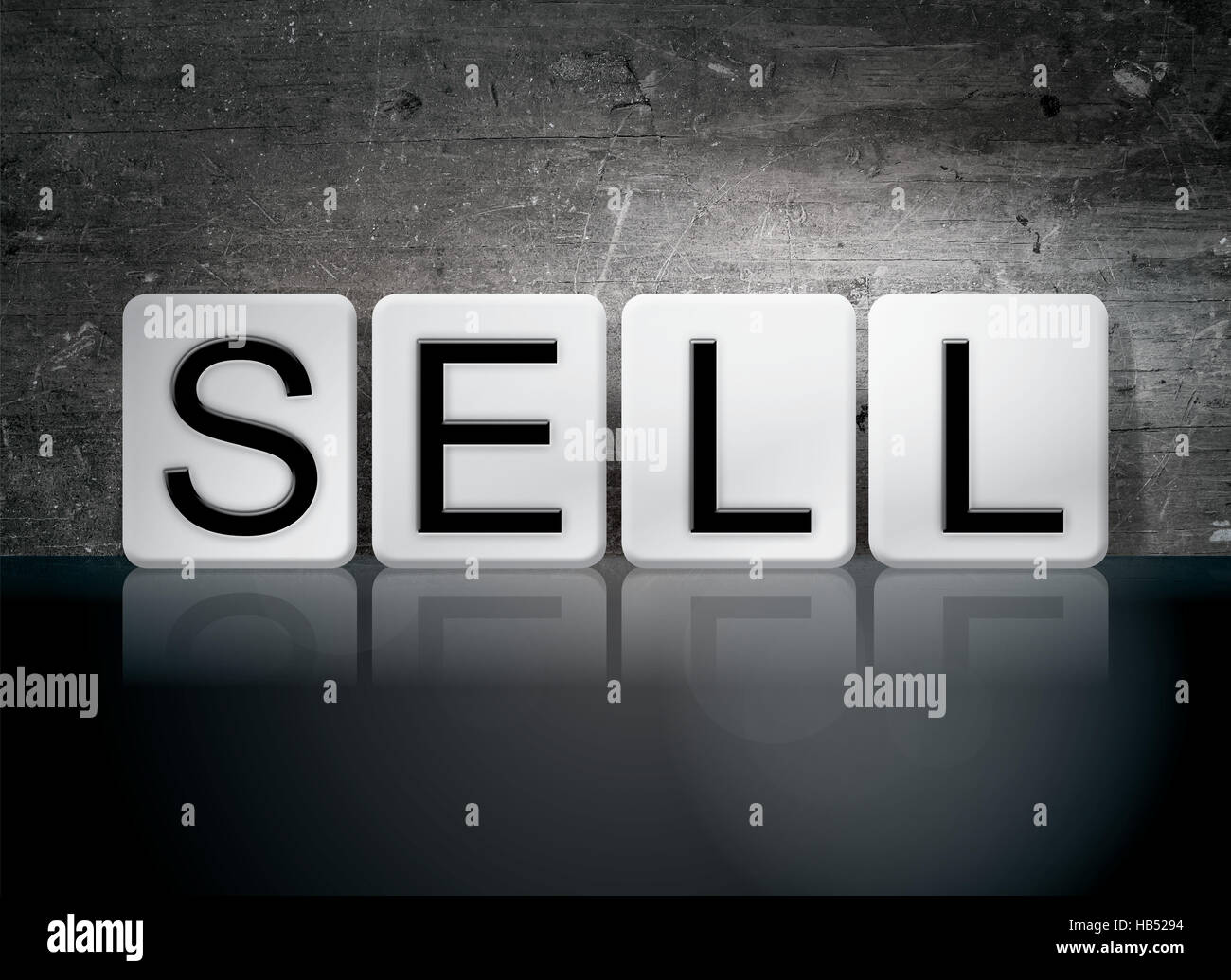The word "Sell" written in white tiles against a dark vintage grunge ...
