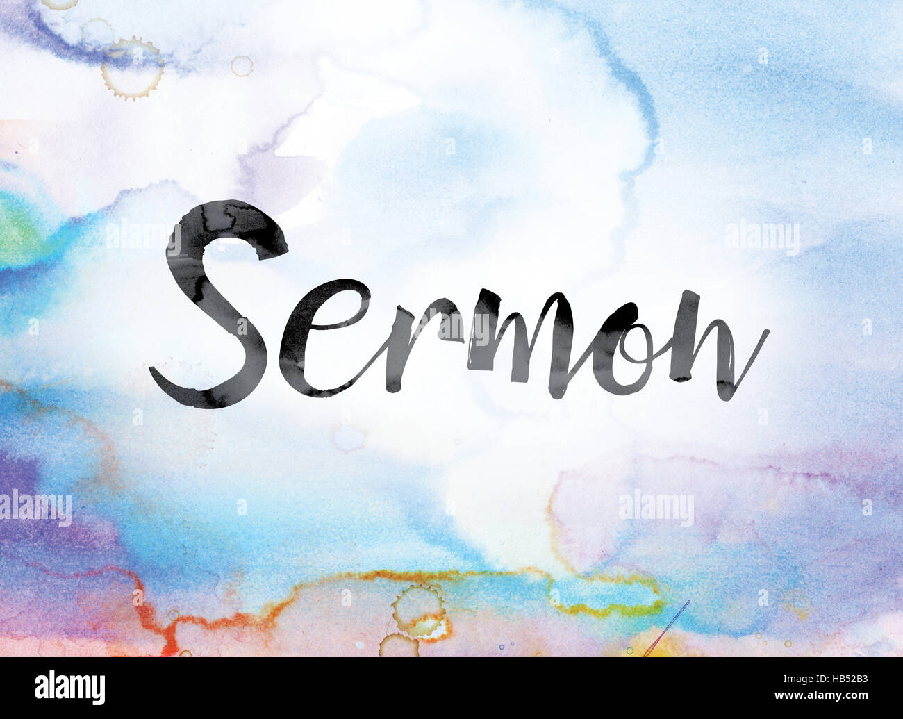 The word "Sermon" painted in black ink over a colorful watercolor ...